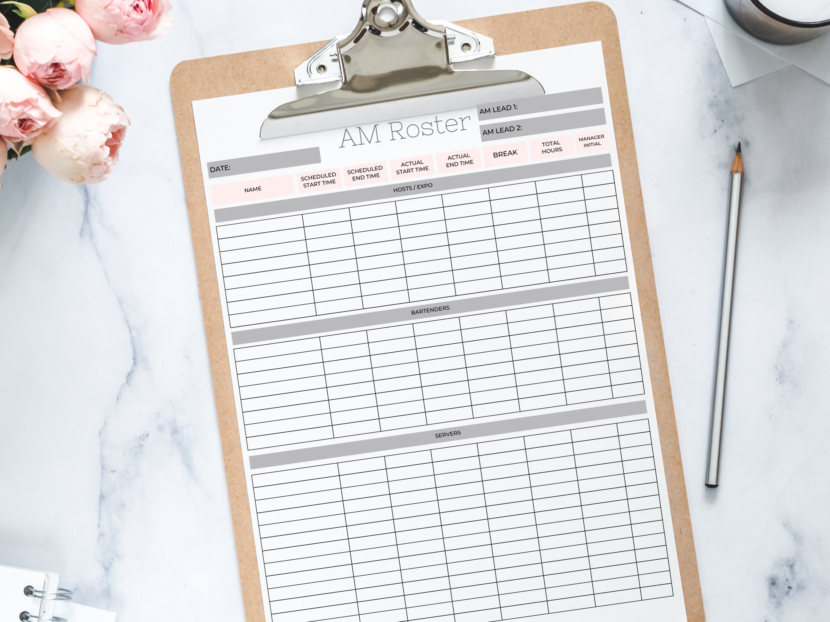 Large Daily Restaurant Roster, Printable FOH Daily Schedule, Service Staff Schedule, Bartending ...