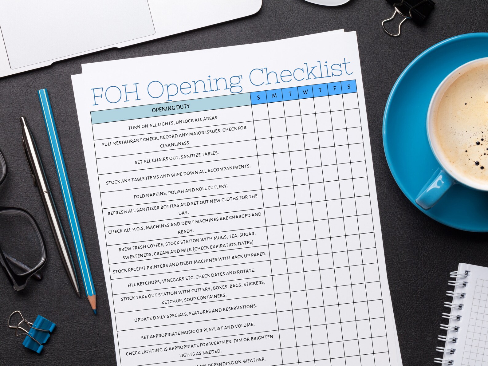 FOH Opening Checklist, Server Opening Checklist, Editable Restaurant ...