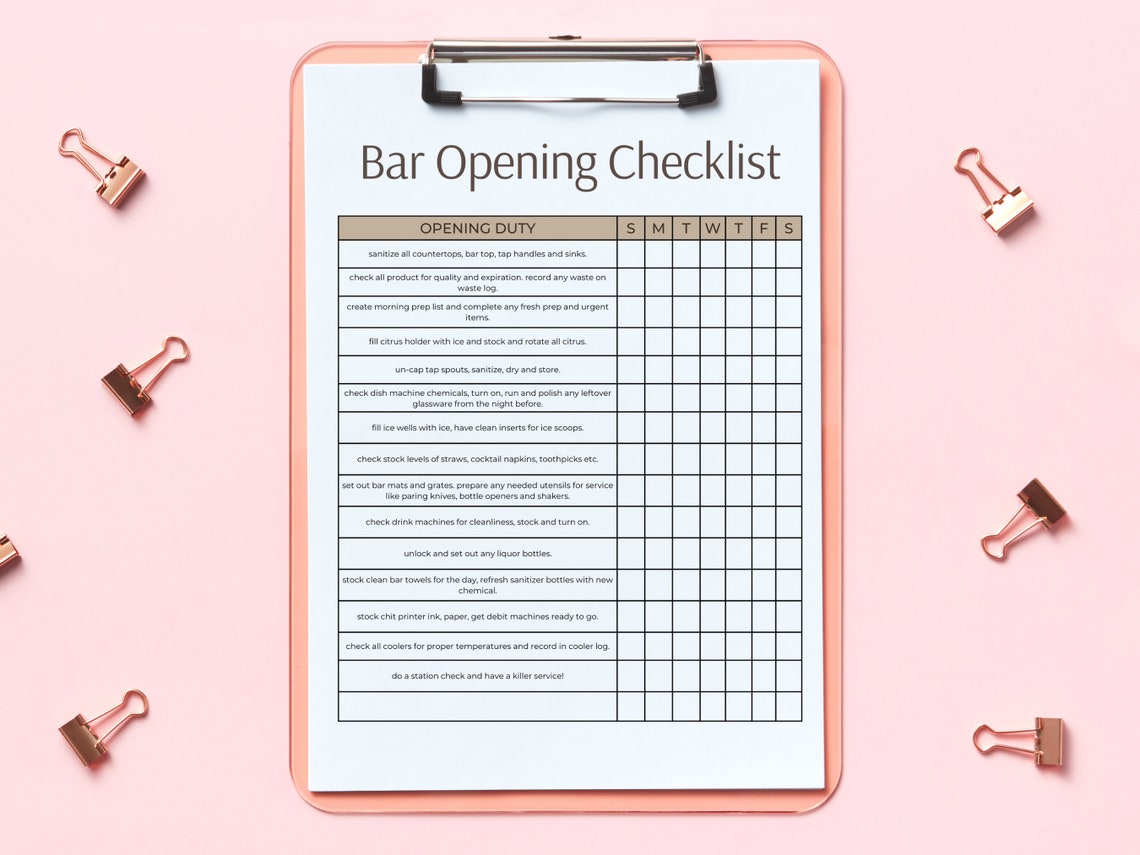 Bar Opening Checklist Restaurant Bar Cleaning List Bar - Etsy