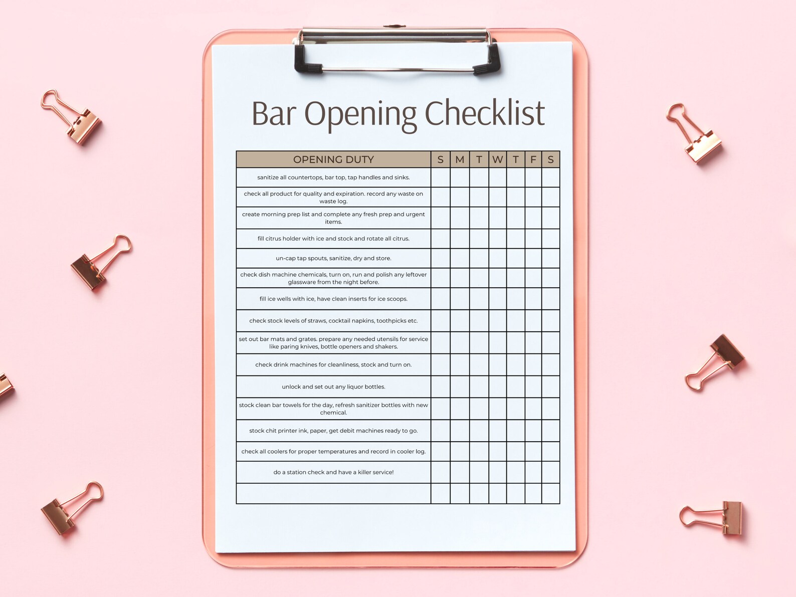 Bar Opening Checklist Restaurant Bar Cleaning List Bar - Etsy