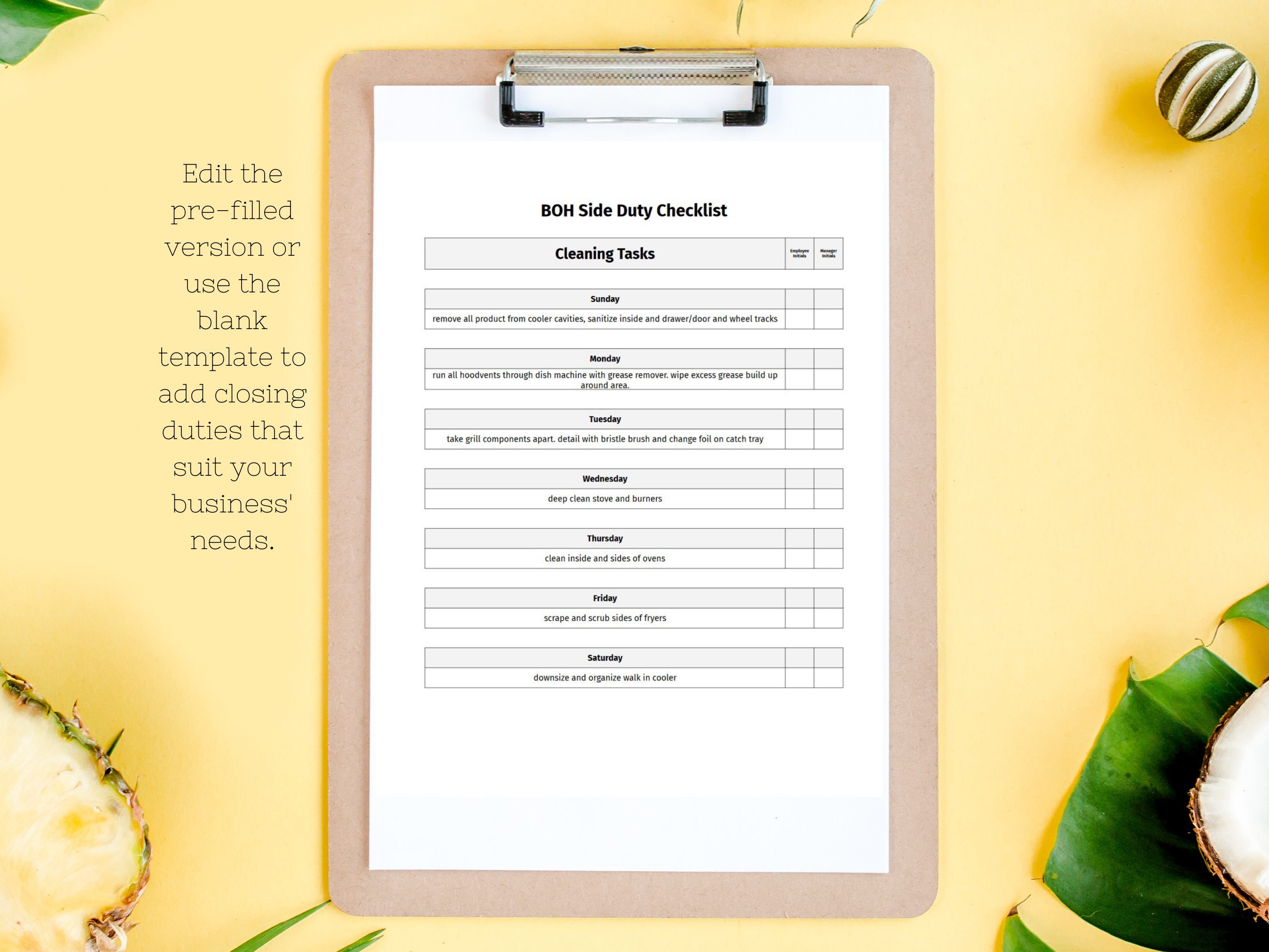 BOH Extra Cleaning Checklist, Kitchen Side Duty Checklist Template ...