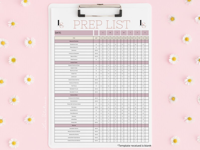 Bakery Prep List, Editable Daily Prep List for Bakeries, Par List for ...