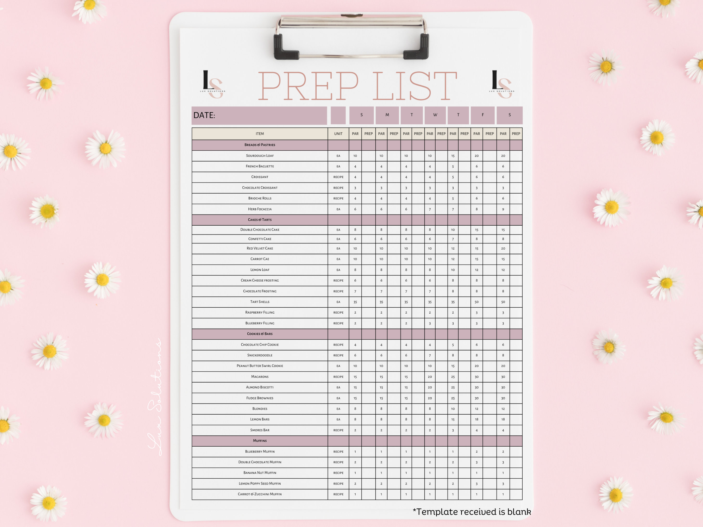 Bakery Prep List, Editable Daily Prep List for Bakeries, Par List for ...