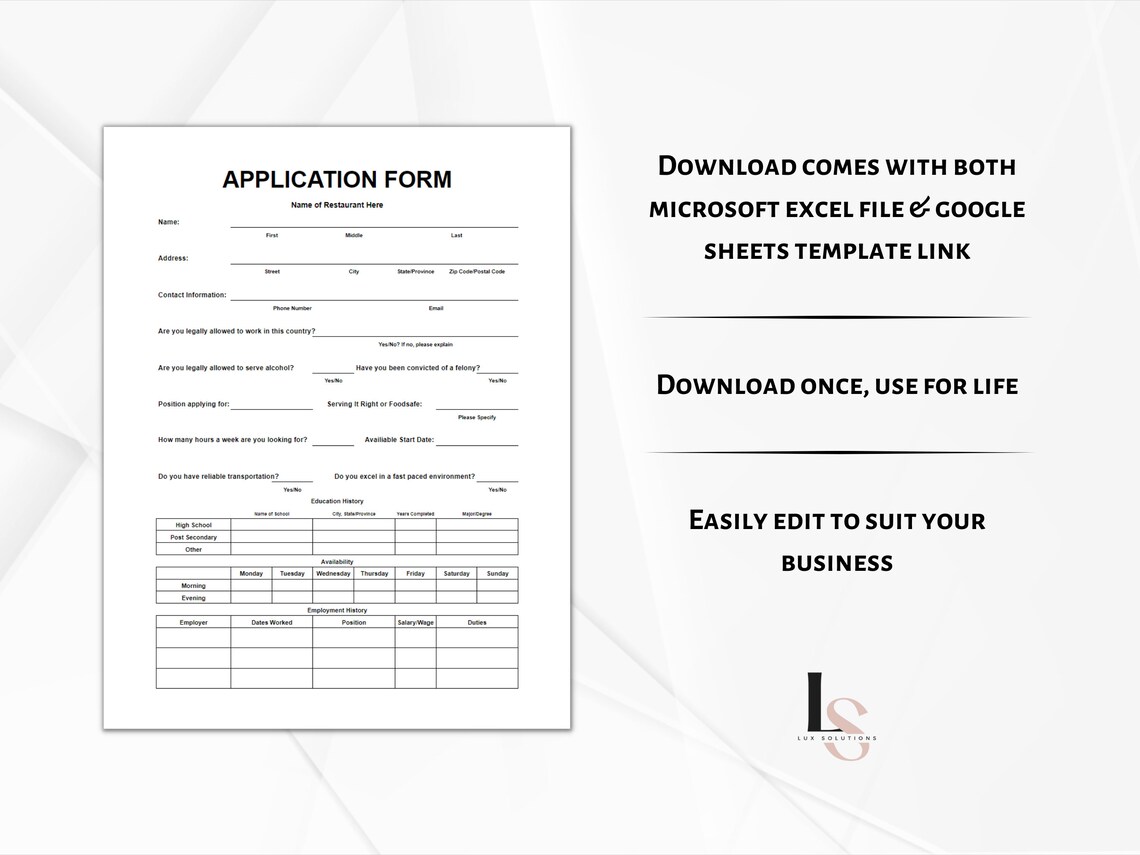 Restaurant Application Form, Editable Application Template, Microsoft ...