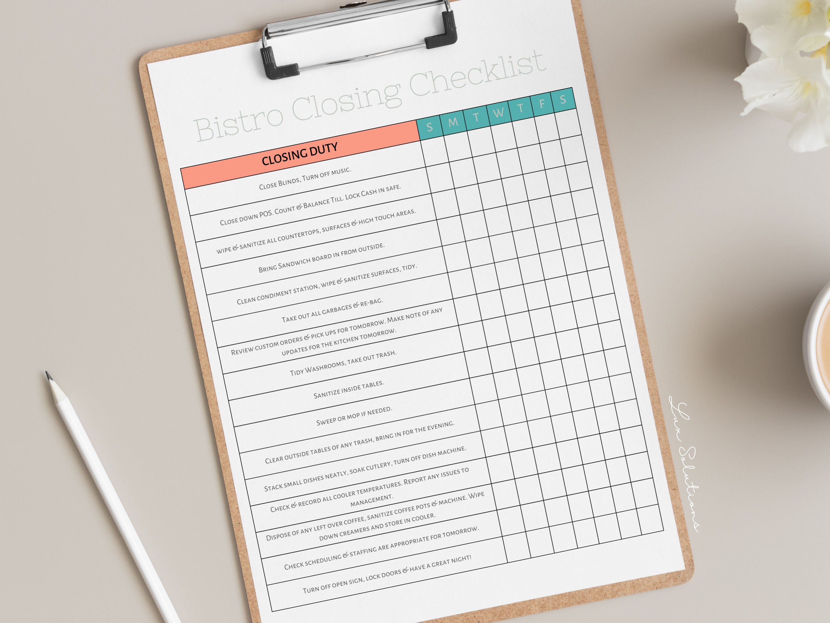 Bakery / Bistro Closing Checklist, Editable Template for Bakeries ...