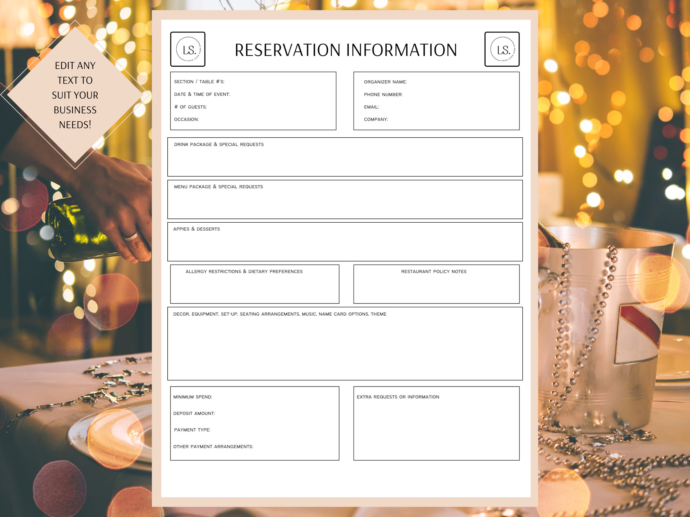 Restaurant Reservation Sheet for Large Groups and Special Holiday Menu ...