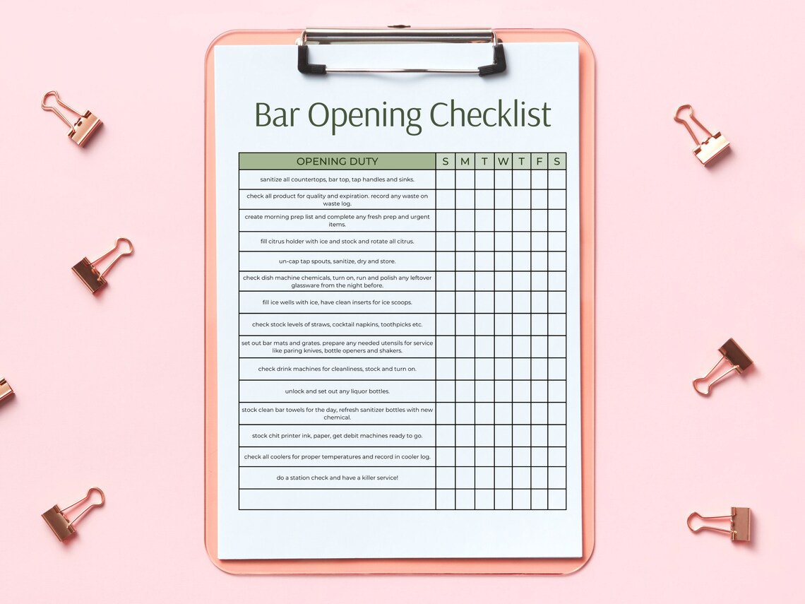 Bar Opening Checklist Restaurant Bar Cleaning List Bar - Etsy