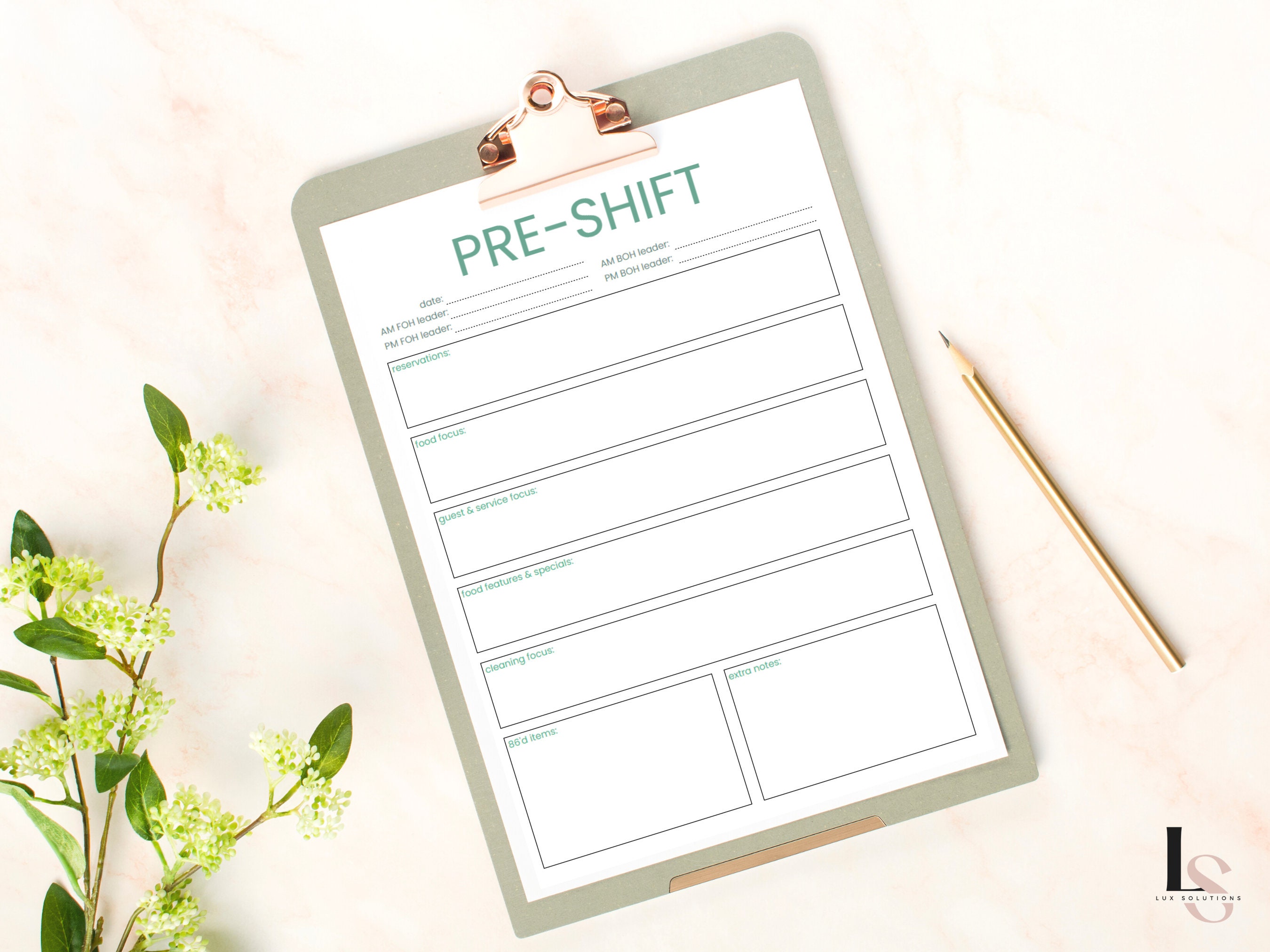 Pre-shift for Restaurants, Editable Pre Shift Template, Restaurant ...