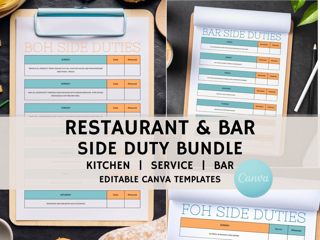 Restaurant Side Duty Template Bundle, Extra Cleaning Lists, Edit Free ...