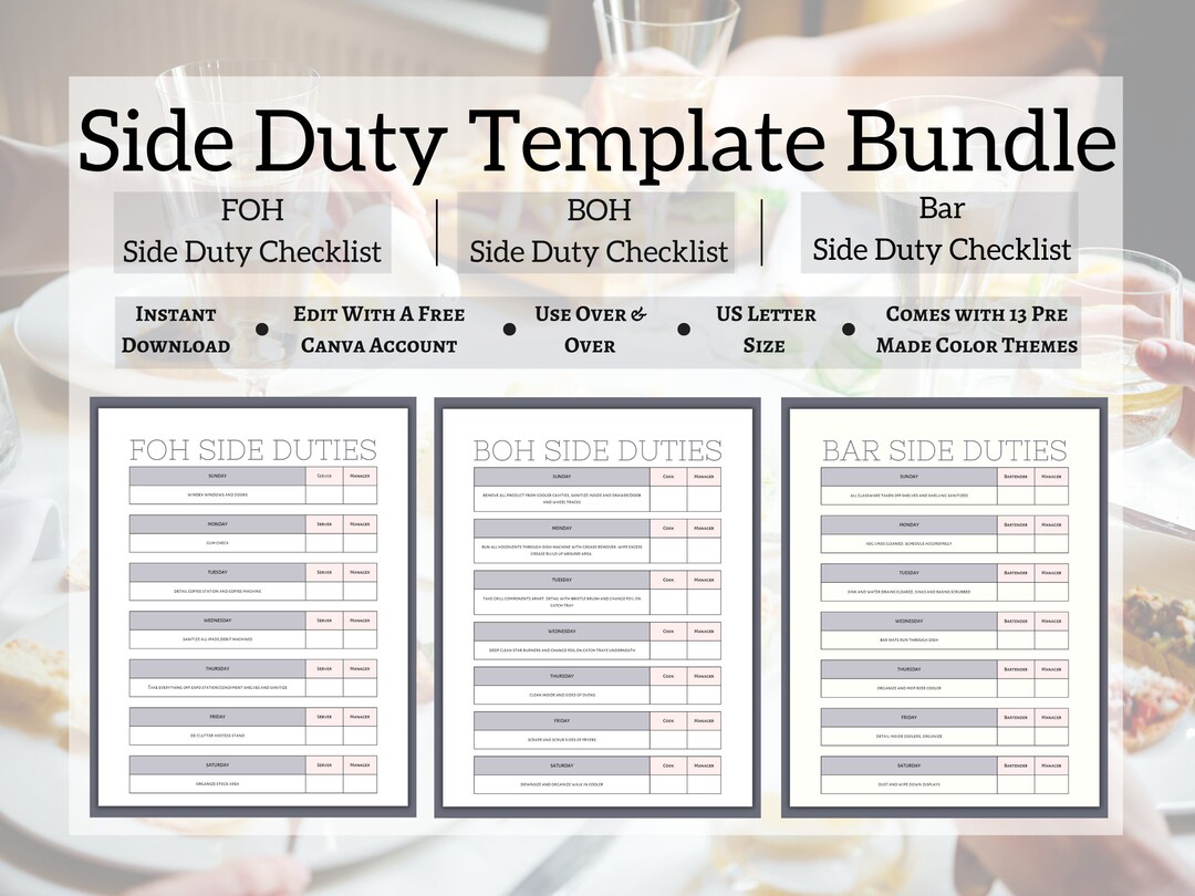 Restaurant Side Duty Template Bundle Extra Cleaning Lists - Etsy