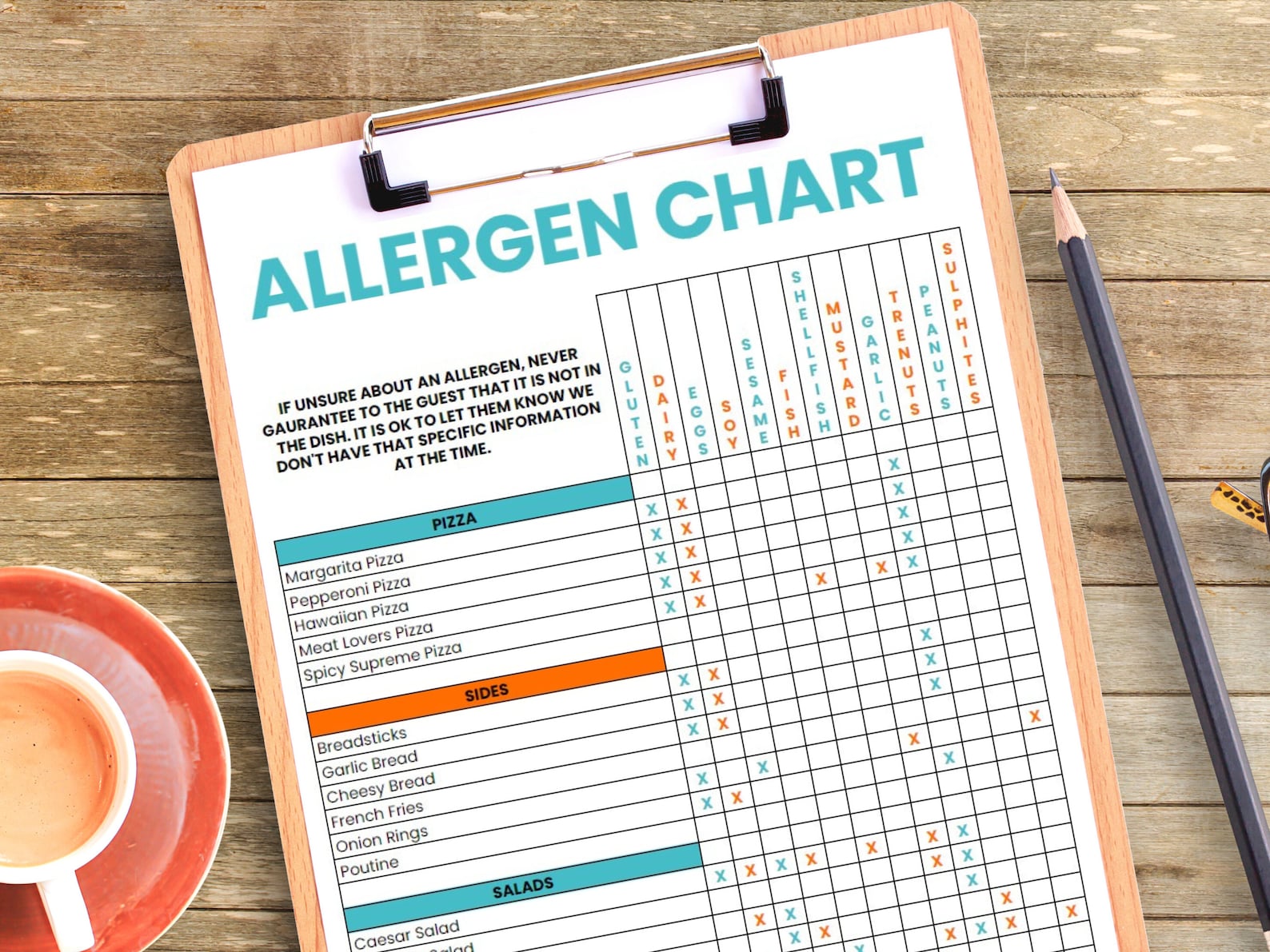 Allergen Chart for Food Service, Allergen Matrix, Editable Google ...