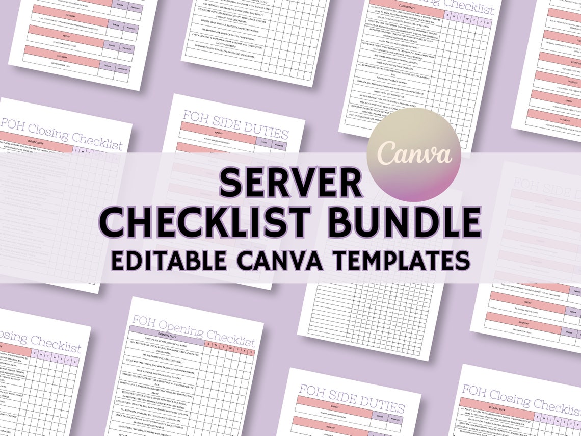 Professional Server Checklist Bundle, Easy to Edit Templates, Opening ...