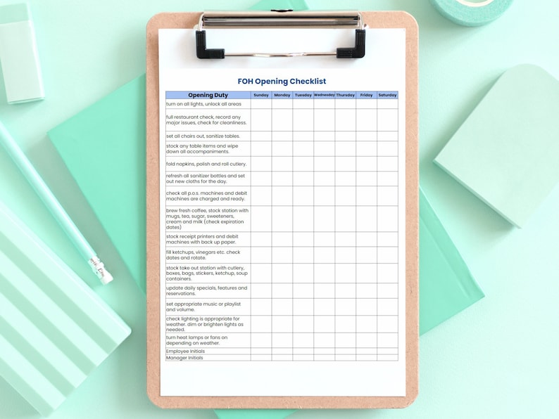 Server Opening Checklist Template, FOH Opening Checklist, Editable ...