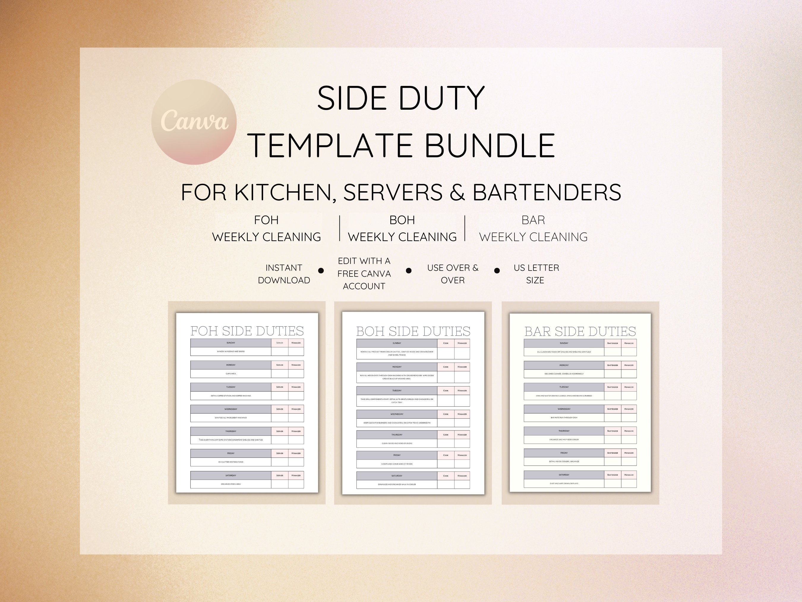 Restaurant Side Duty Template Bundle Extra Cleaning Lists - Etsy