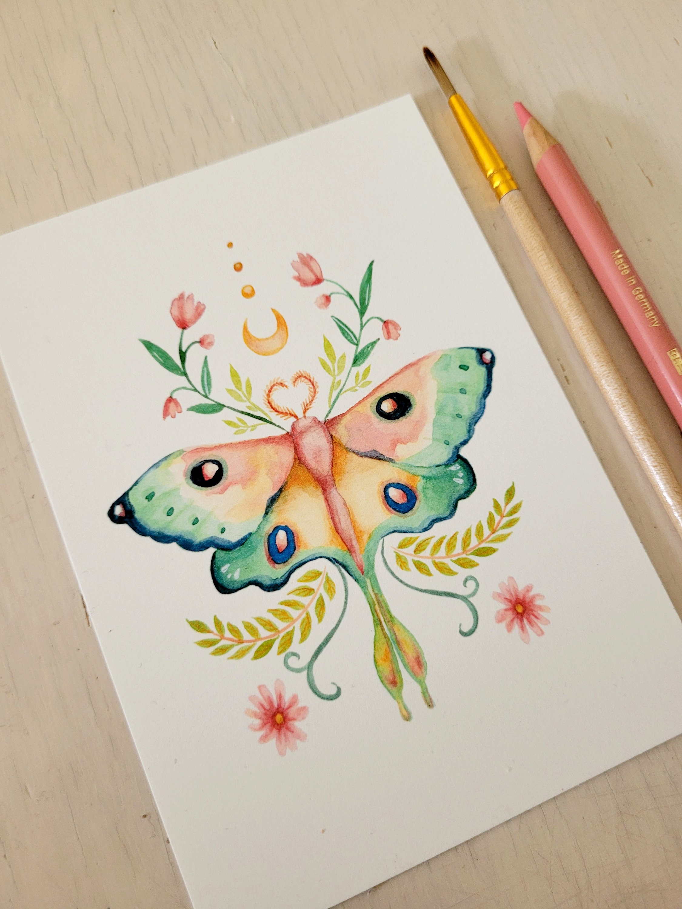 Greeting Card With Moth Folk Art Style Card With Moth Greeting Card A6 ...