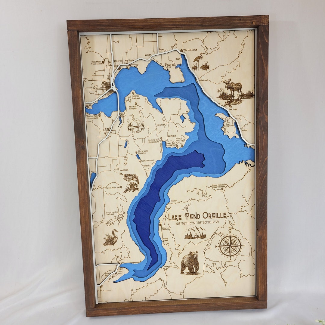 Lake Pend Oreille Laser Engraved Topo Map - Etsy
