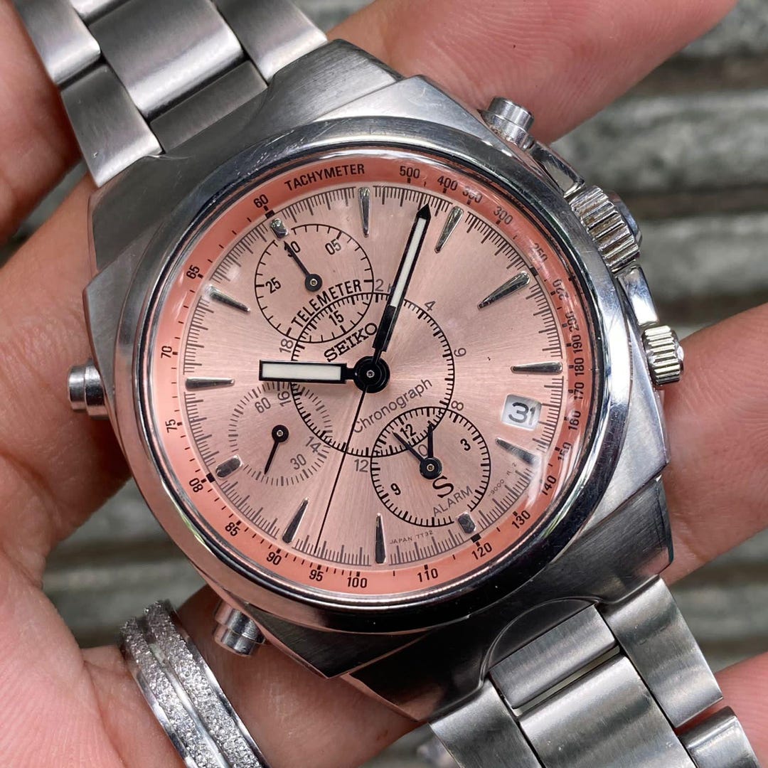 RARE Seiko SUS Telemeter 7T32-9000 Salmon Dial Chronograph Quartz ...