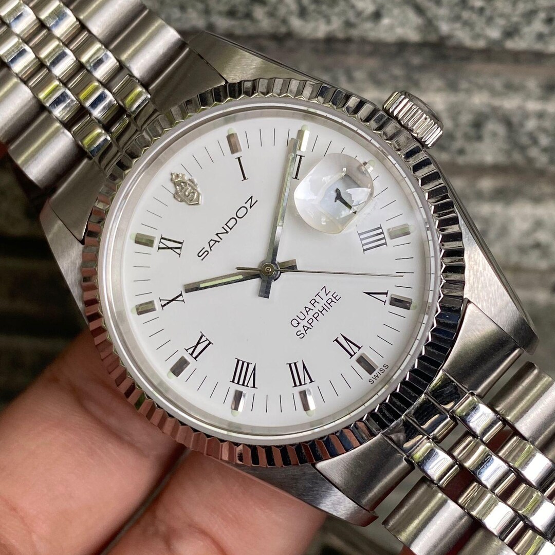 RARE Sandoz President Day Date Quartz Swiss White Dial Roman Vintage ...