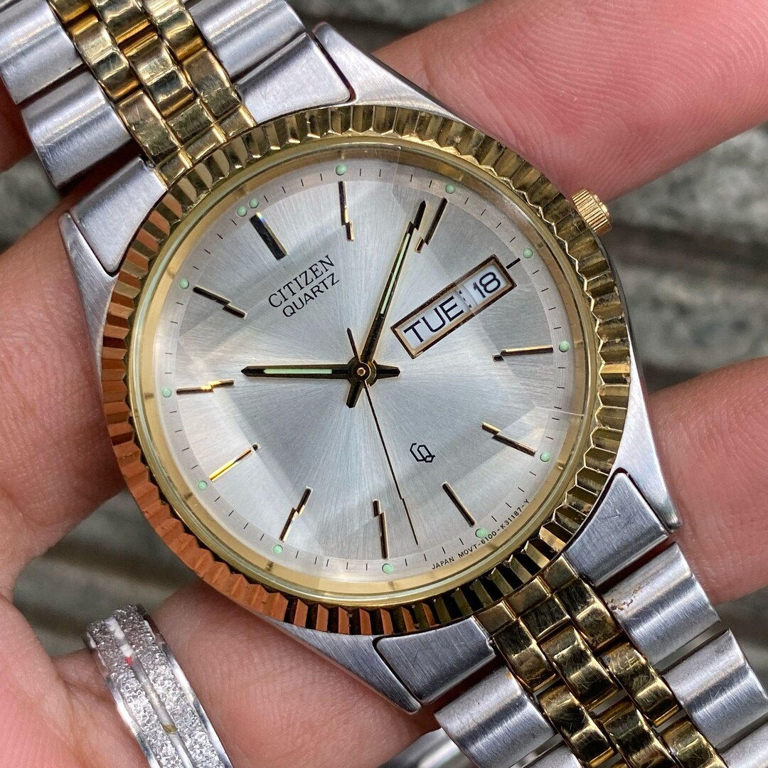 RARE Citizen Crystron Day Date Dual Tone Quartz Faceted Crystal Vintage ...