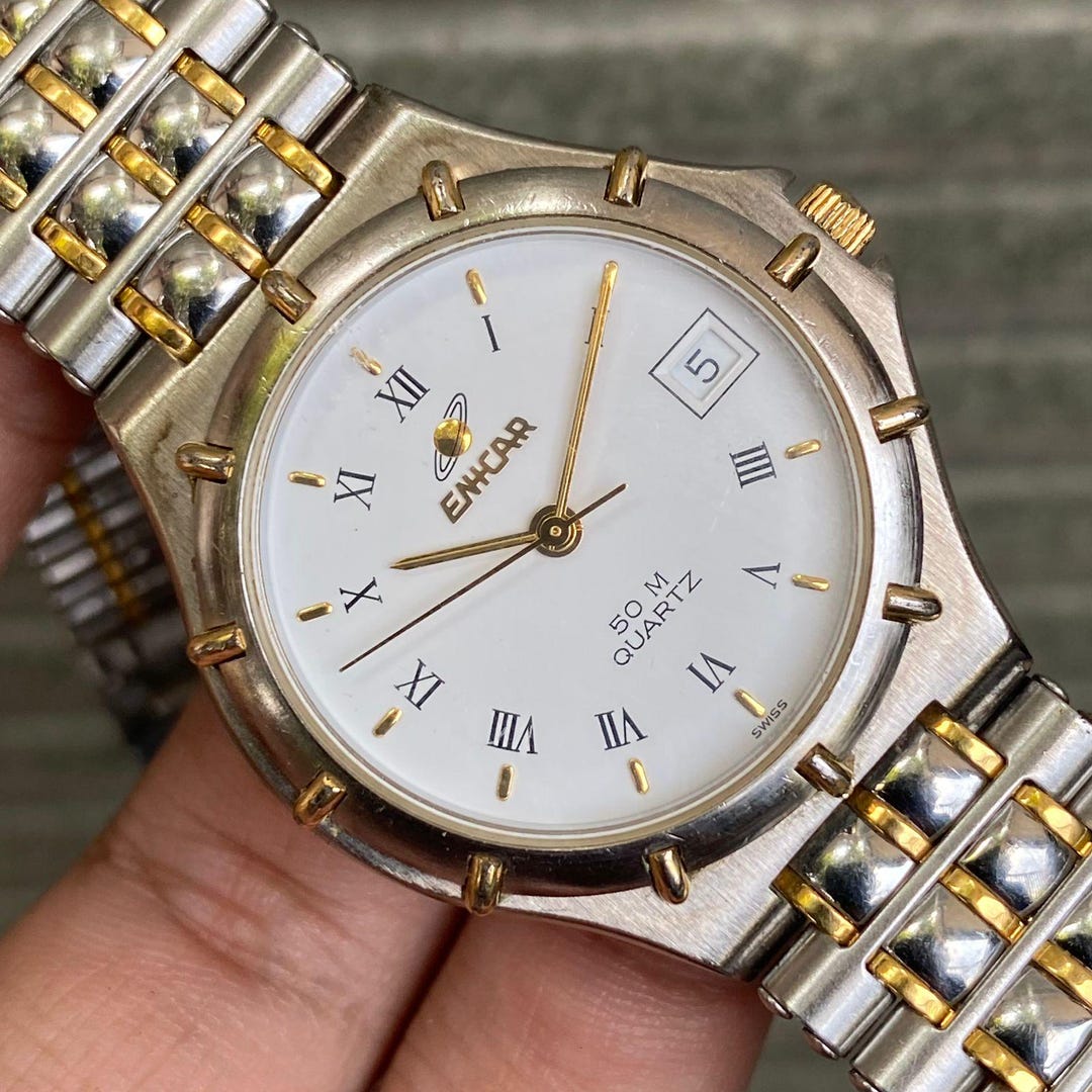 RARE Enicar 50M 955.051 Quartz Swiss Two Tone White Dial Vintage Watch ...