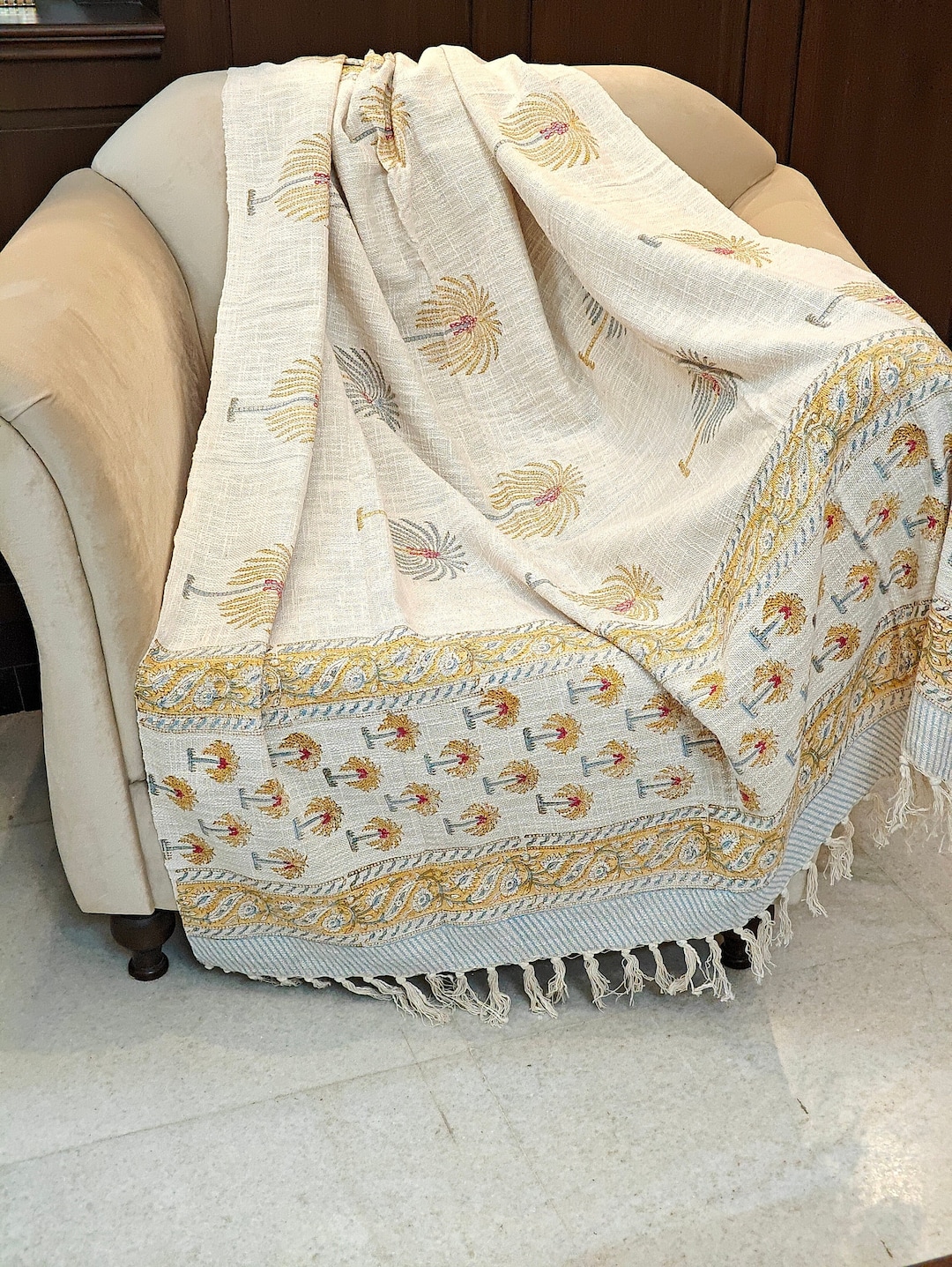 Hand Block Printed Cotton Throw With Tassels,yellow Floral Throw ...