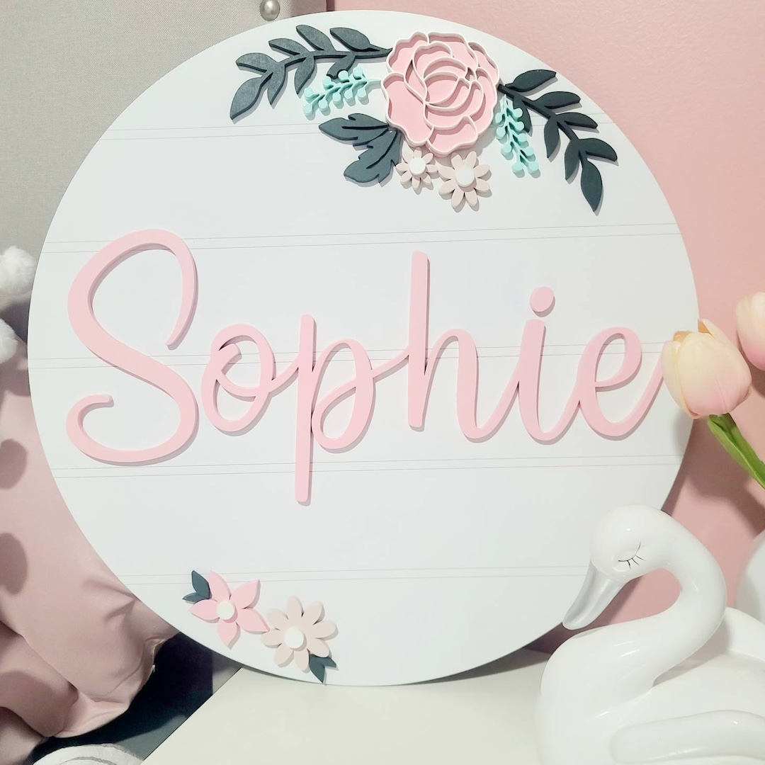3D Round Circle Boho Wood Name Sign Girls Room Nursery Floral Flowers ...