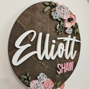 3D Round Circle Boho Wood Name Sign Girls Room Nursery Floral Flowers ...