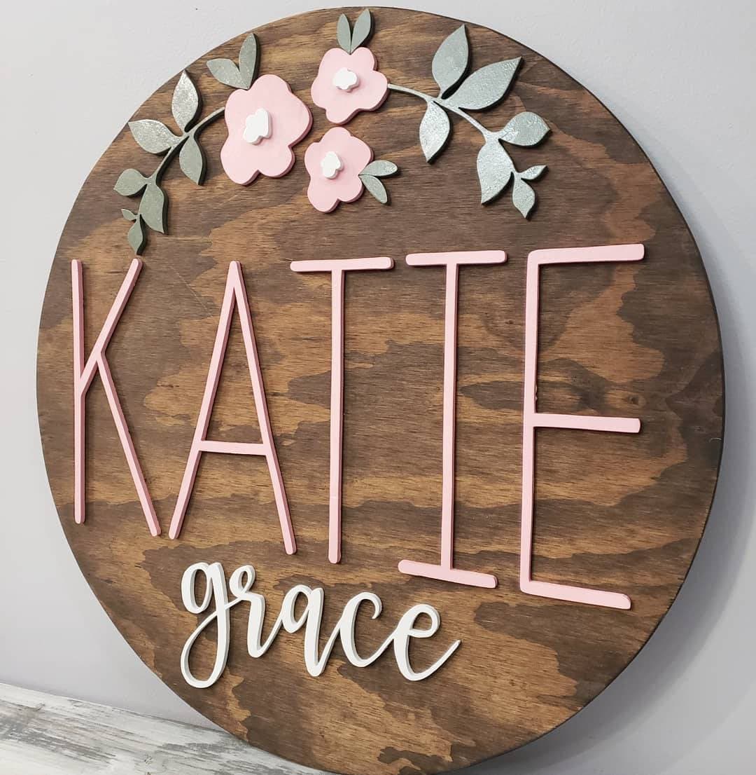 Floral Nursery Name Sign, 3D Wood Round, Custom Baby Girl Gift - Etsy