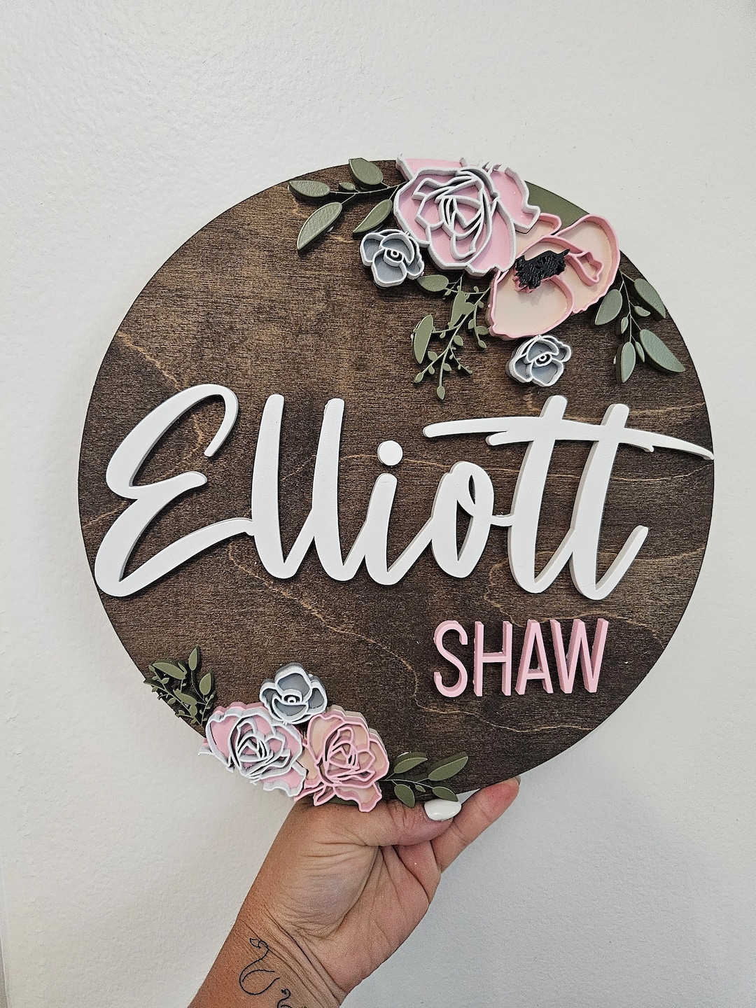 3D Round Circle Boho Wood Name Sign Girls Room Nursery Floral Flowers ...