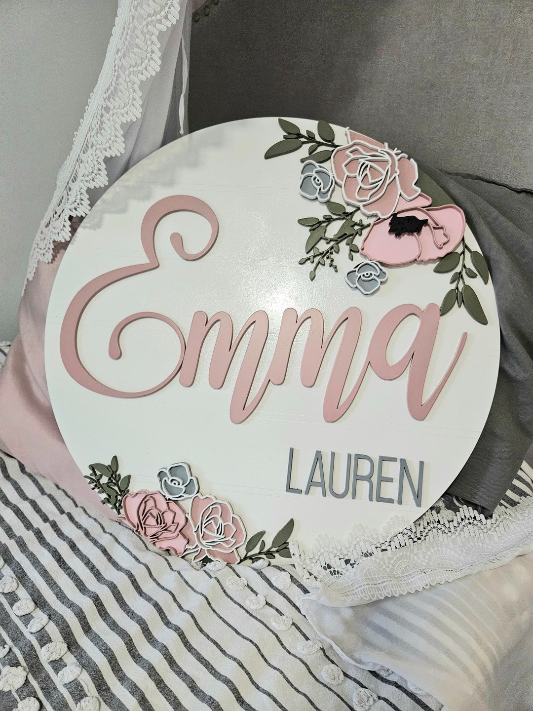 3D Round Circle Boho Wood Name Sign Girls Room Nursery Floral Flowers ...