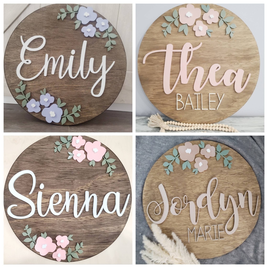 3D Round Circle Wood Name Sign Girls Room Nursery Floral Flowers Brown ...