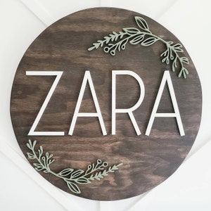 3D Round Circle Wood Name Sign Girls Room Nursery Botanical Greenery ...