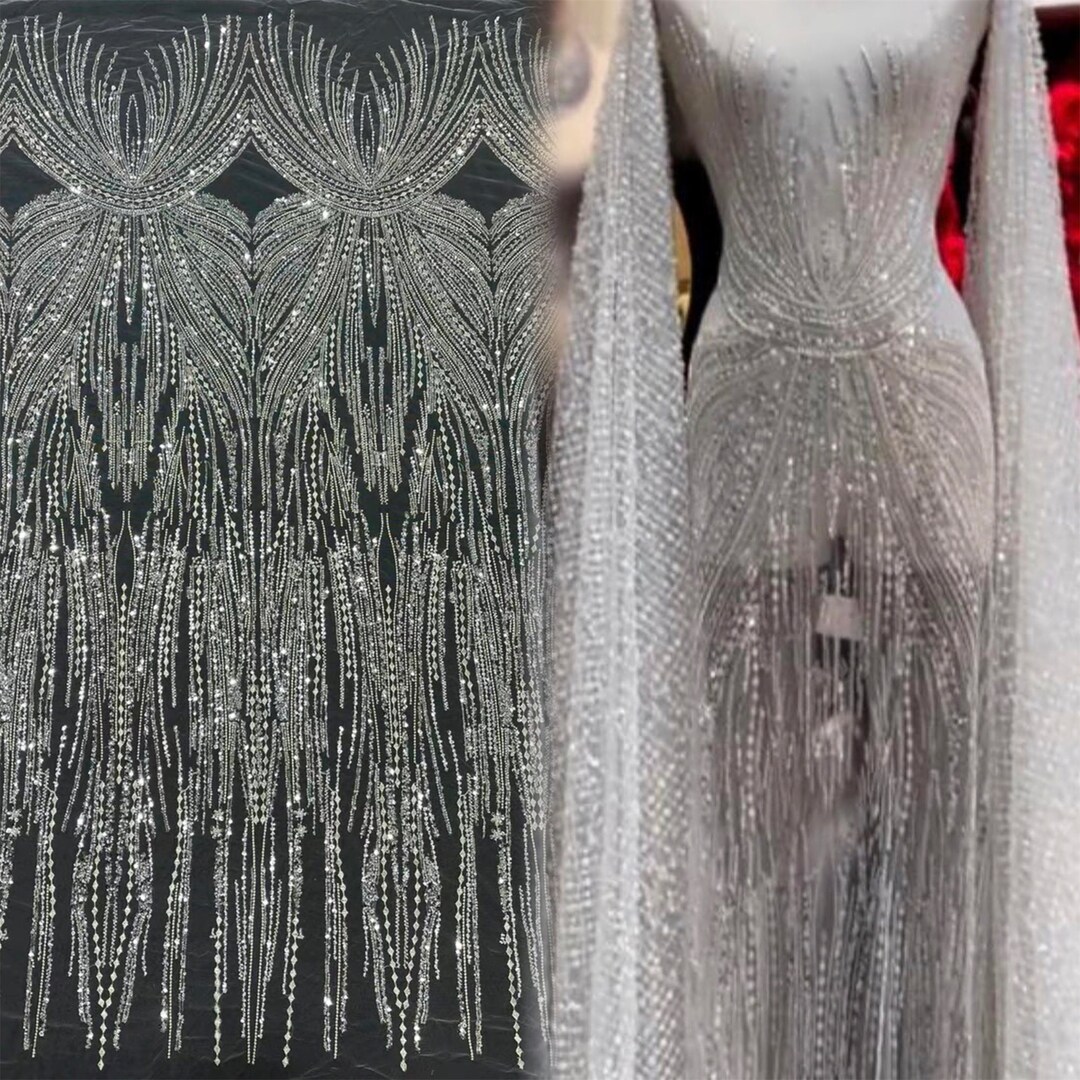Beaded Embroidery Lace Fabric: Off-white Tulle Wedding Dress Material ...