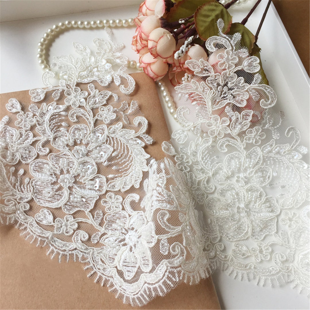Bridal Beaded Lace Trim, Alencon Lace Trim, Sequins Lace Trim, Wedding ...