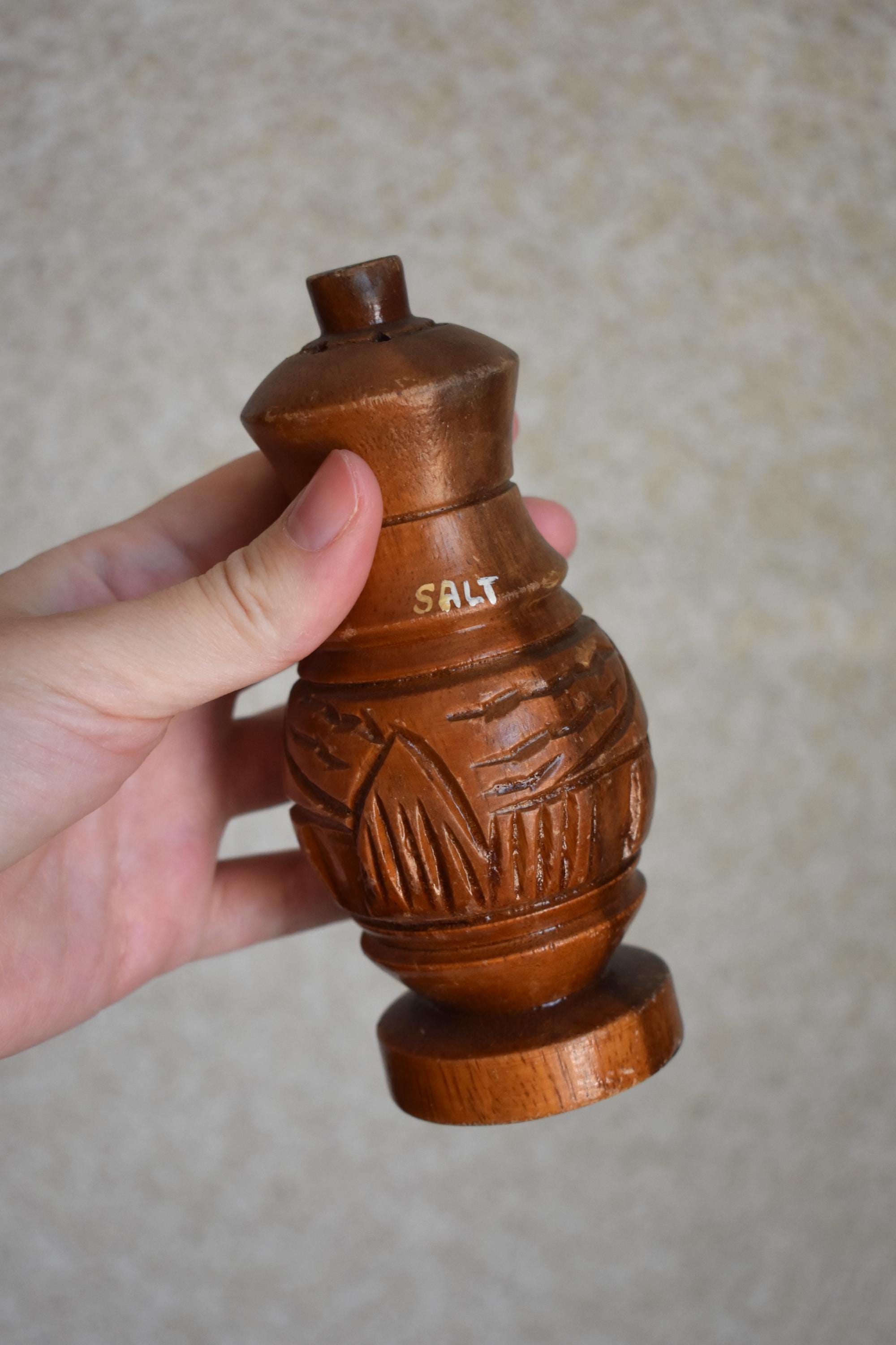 Vintage Pair of Carved Wooden Hand Painted Salt Pepper Shakers - Etsy
