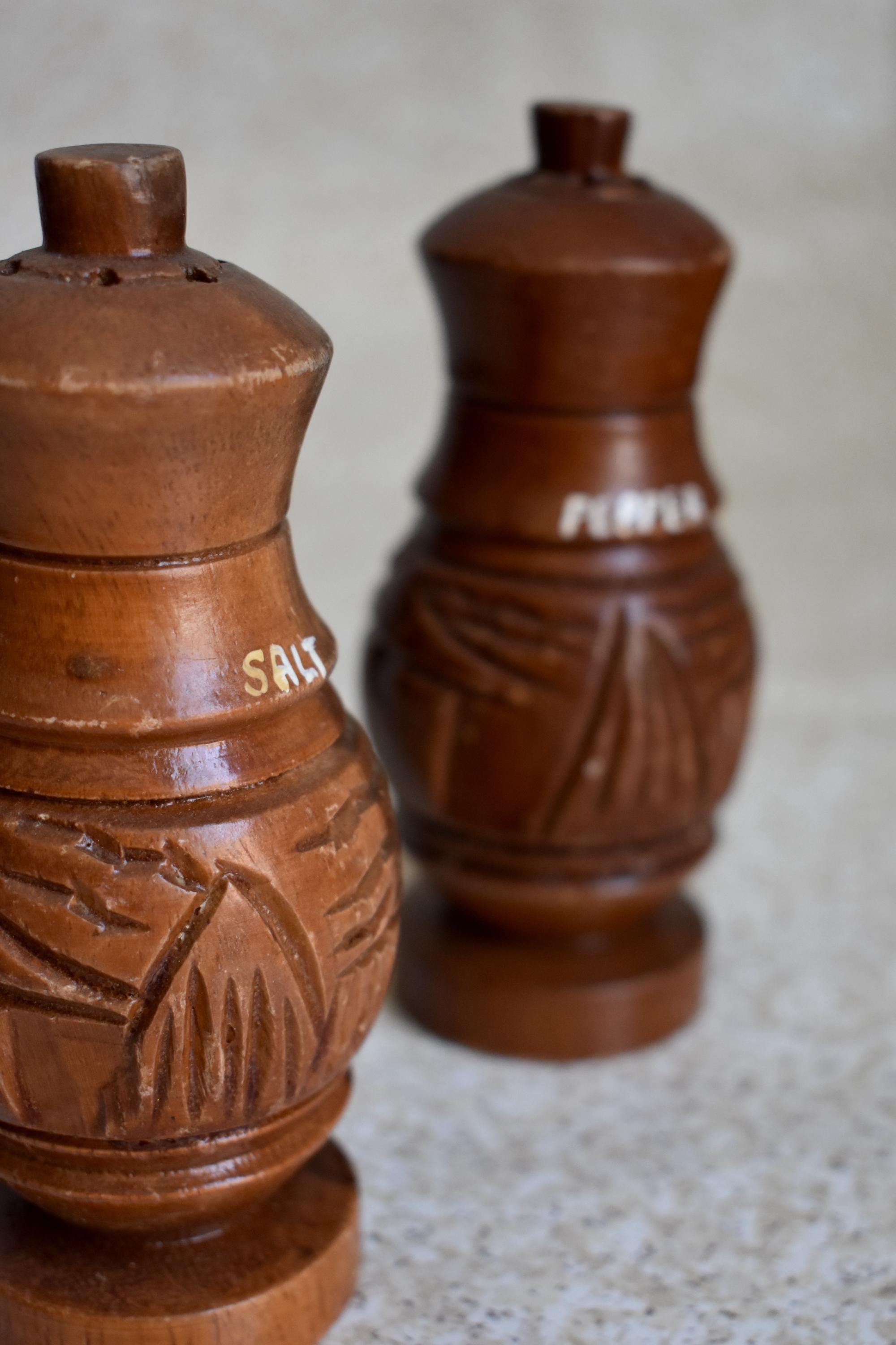 Vintage Pair of Carved Wooden Hand Painted Salt Pepper Shakers - Etsy