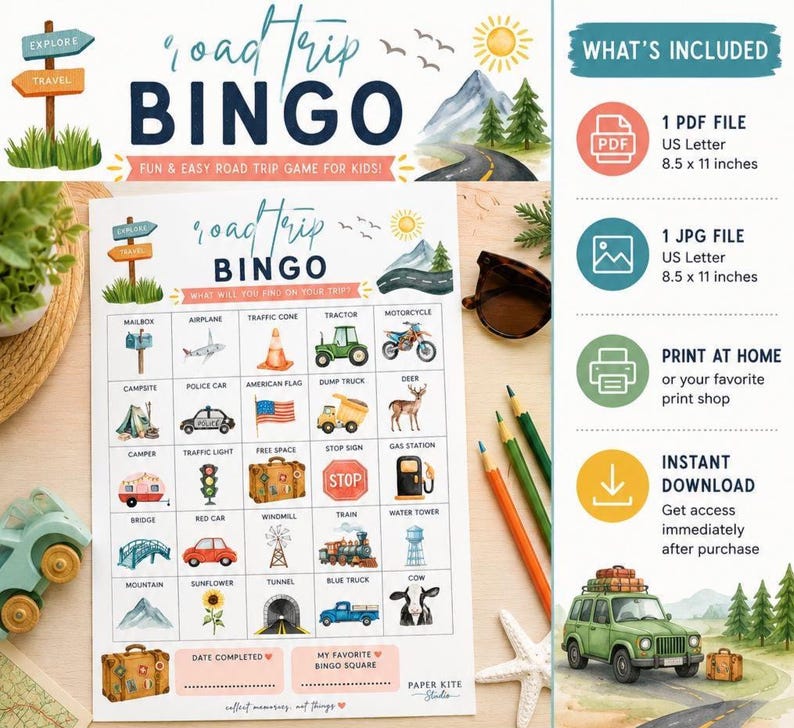 Road Trip Bingo Printable Game | Kids Travel Activity | Watercolor Fun ...