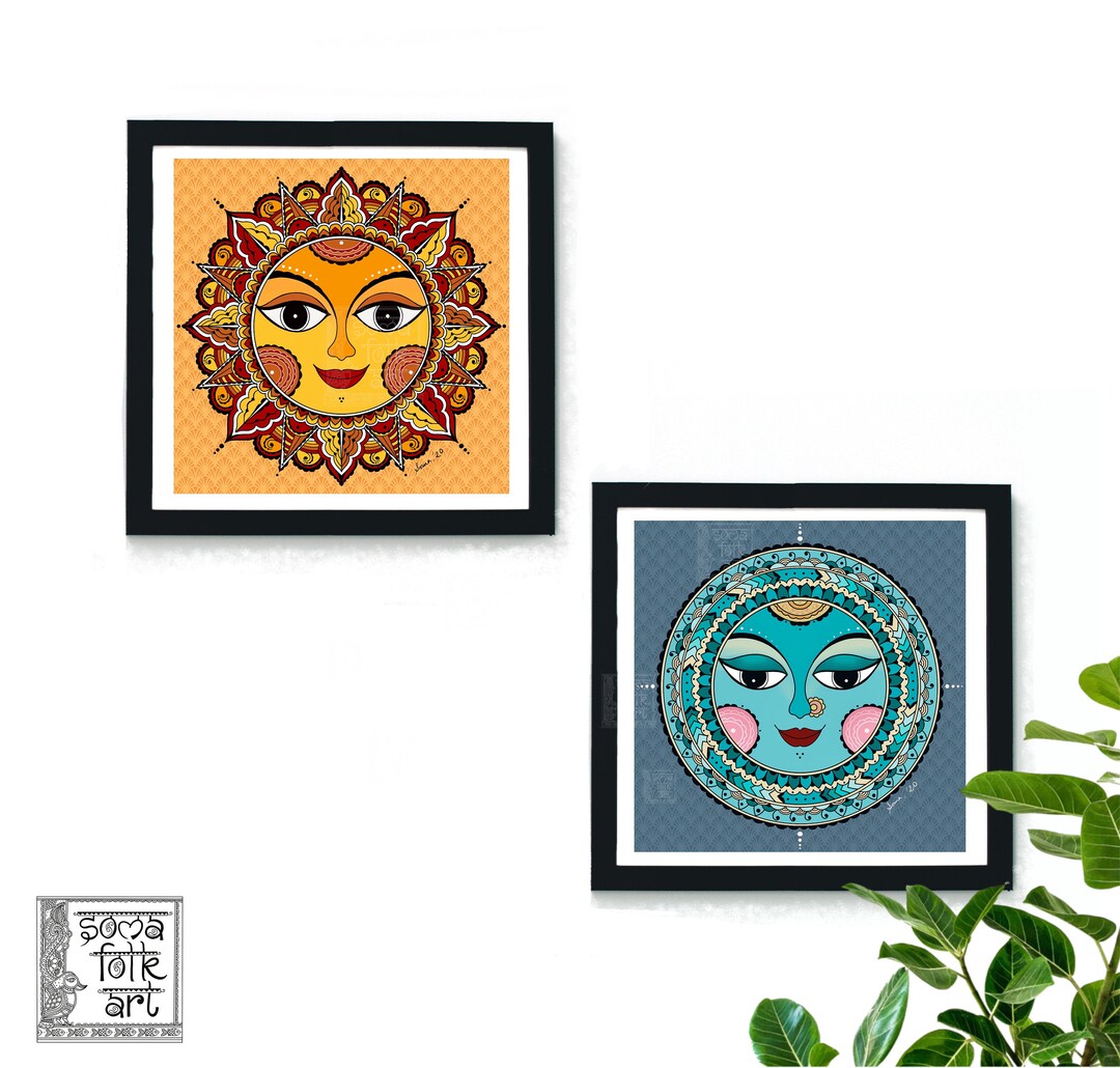 Sun and Moon Print Set, Madhubani Indian Folk Art, Celestial Wall Decor ...