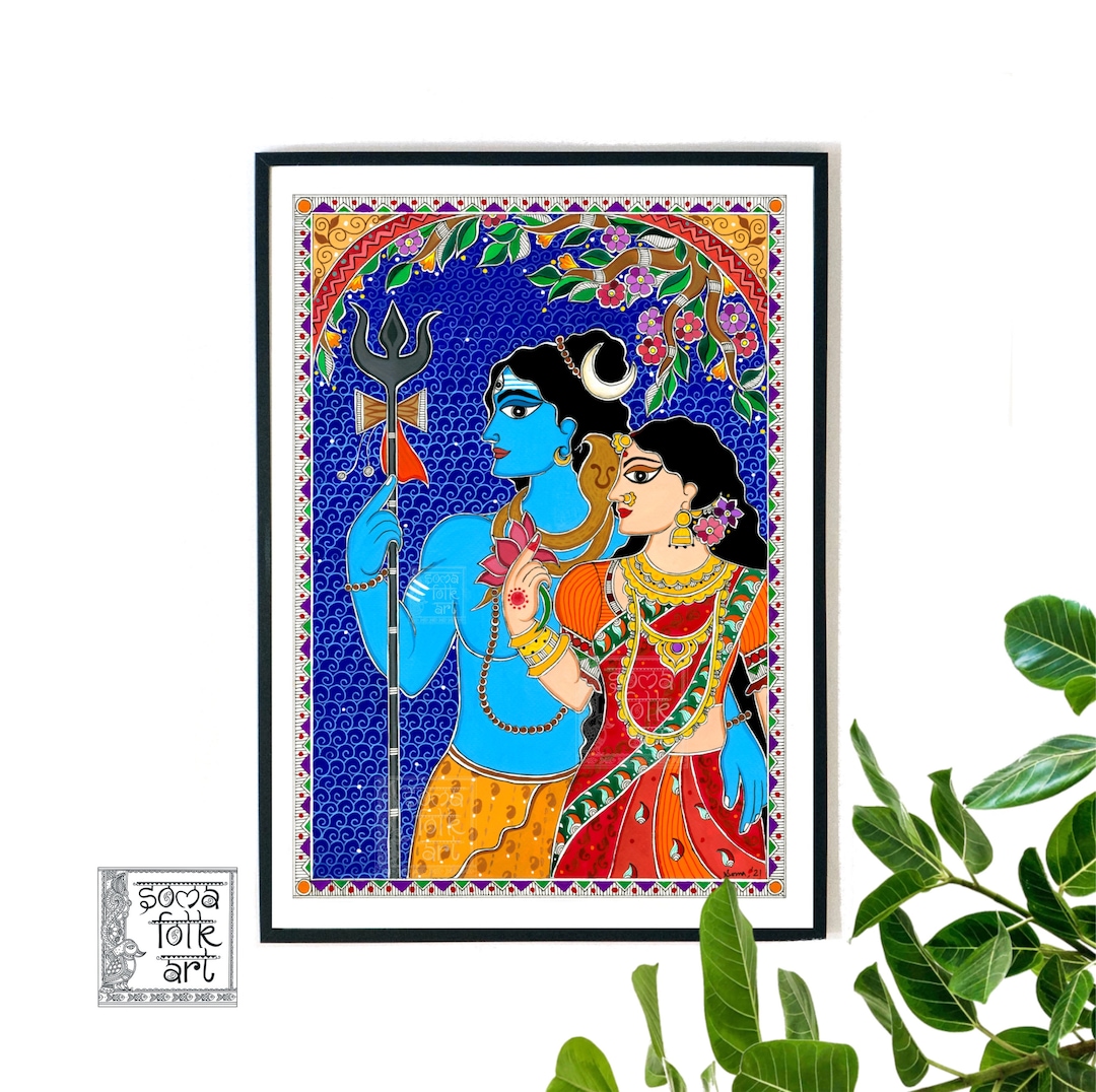 Buy Print Madhubani Painting, Lord Shiva and Parvati, Mahadev Durga ...
