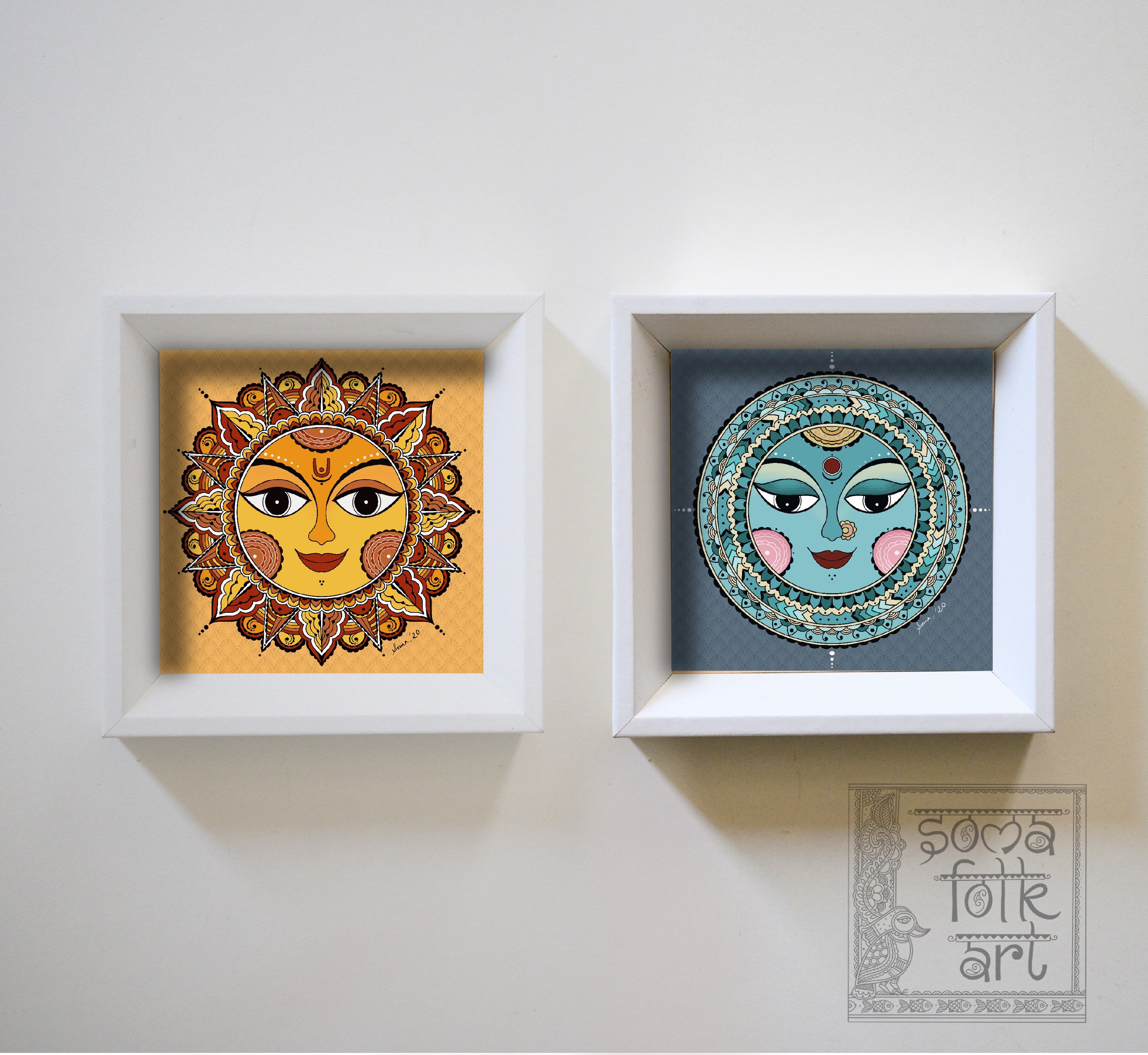 Print Madhubani Sun and Moon Indian Folk Art Wall Art , Set of 2 ...