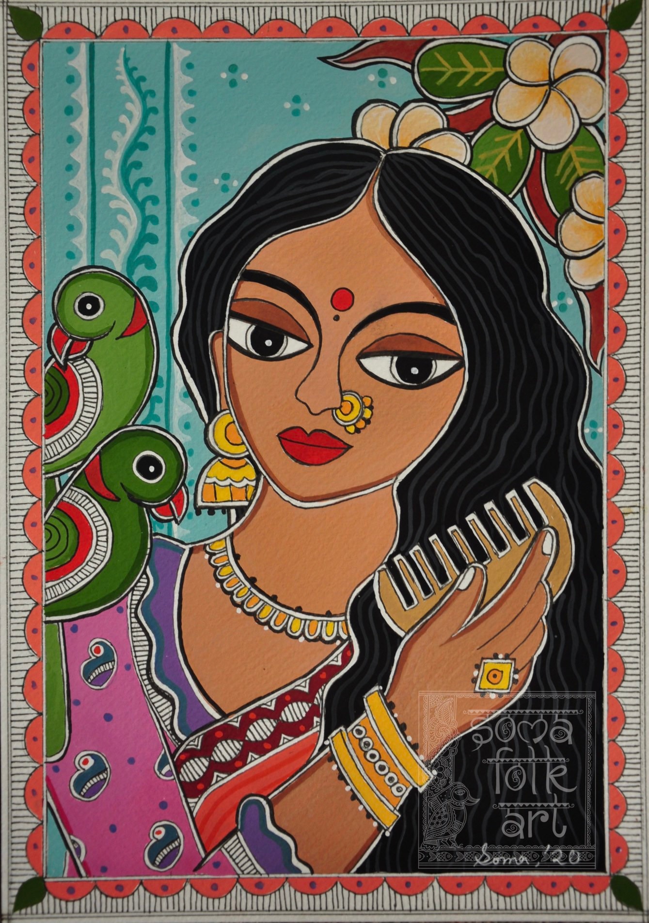 Print Madhubani Lady With Her Parrots Painting Indian Wall - Etsy India