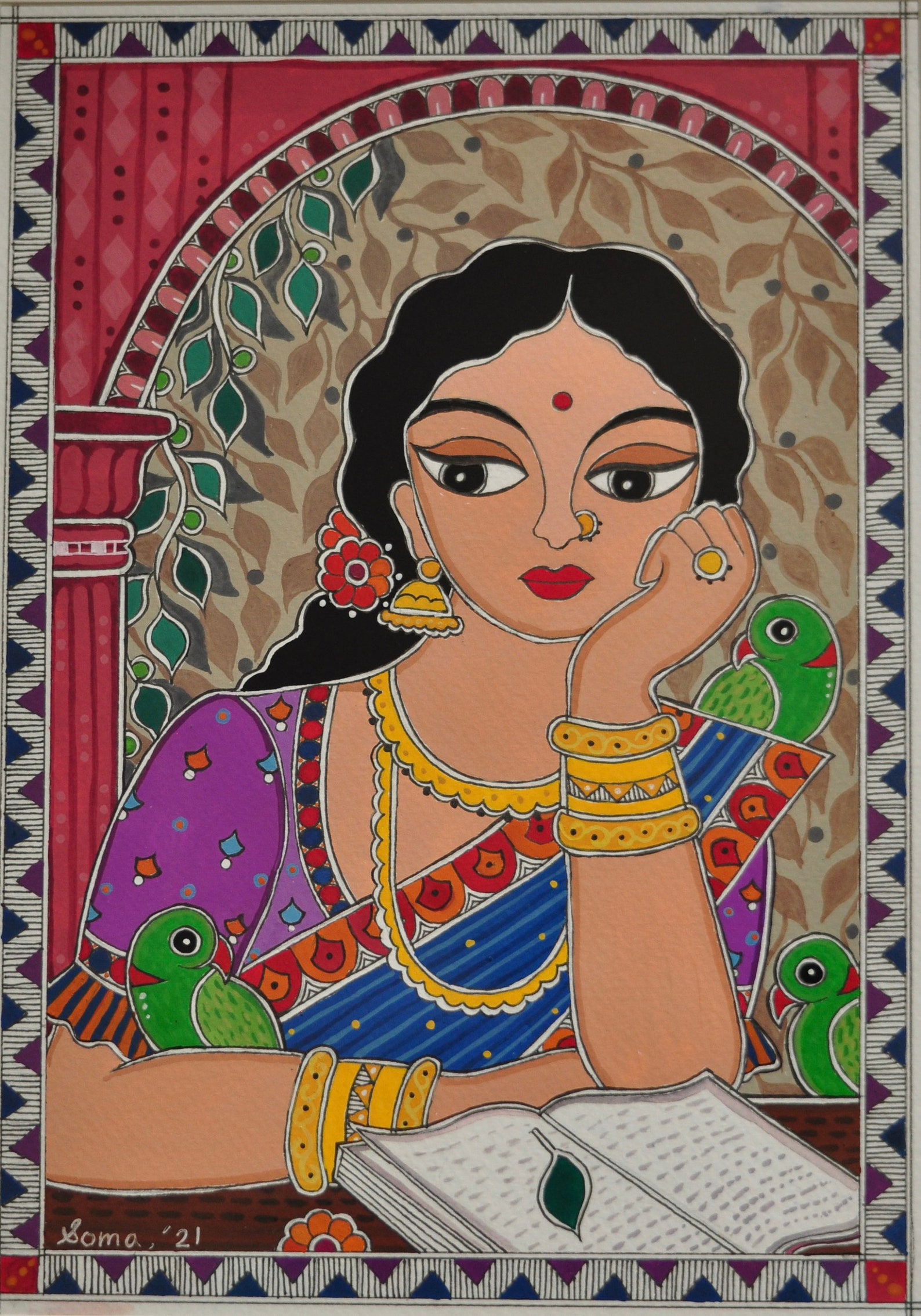 Buy Print Madhubani Lady Lost in Her Thoughts Painting Indian Wall ...