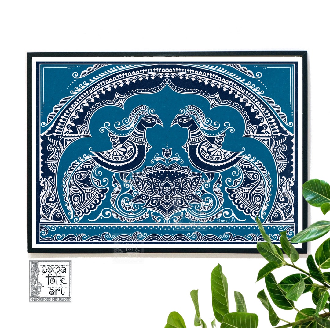 Print Alpana Peacocks Fish Indian Wall Art Desi Bengali Home Decor - Etsy