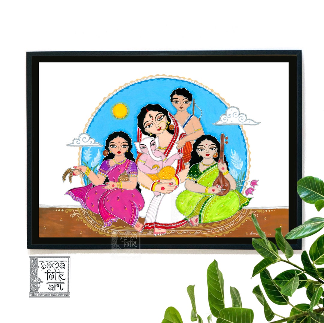 Durga Family Print, Madhubani Alpana Art, Hindu Home Decor - Etsy
