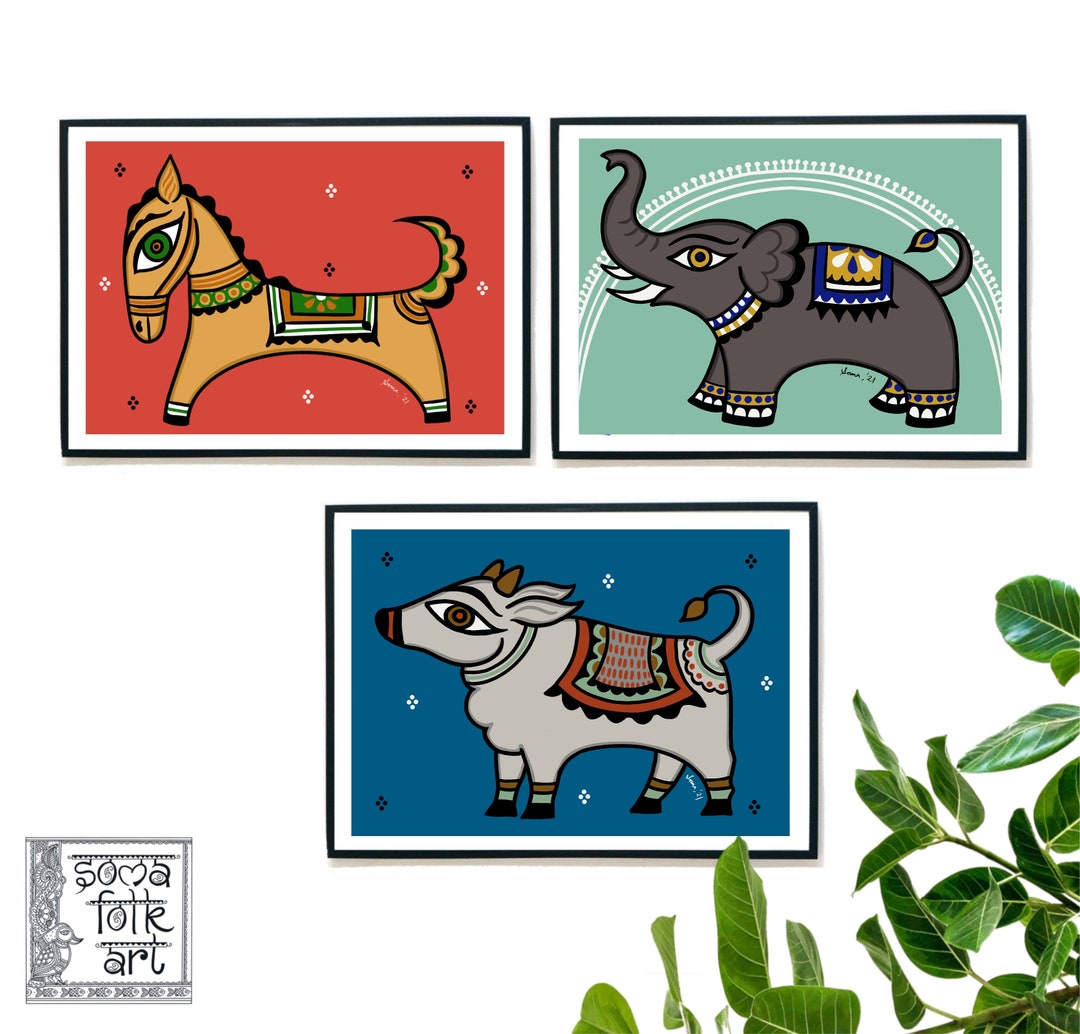 Jamini Roy Style Animal Prints, Indian Bengali Folk Art, Set of 3 - Etsy