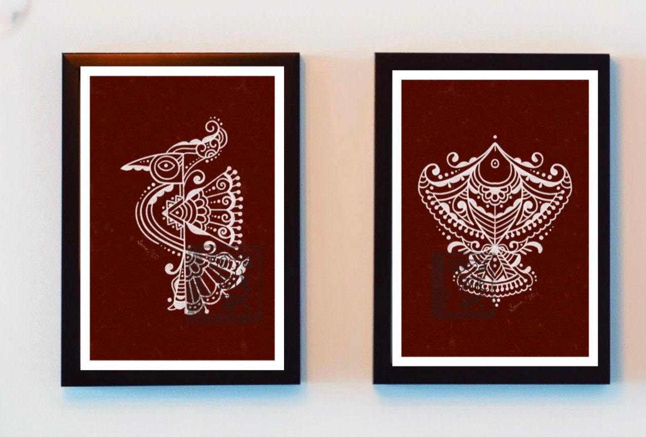 Print Alpana Bird and Fish Indian Folk art Wall art A5 Set of | Etsy
