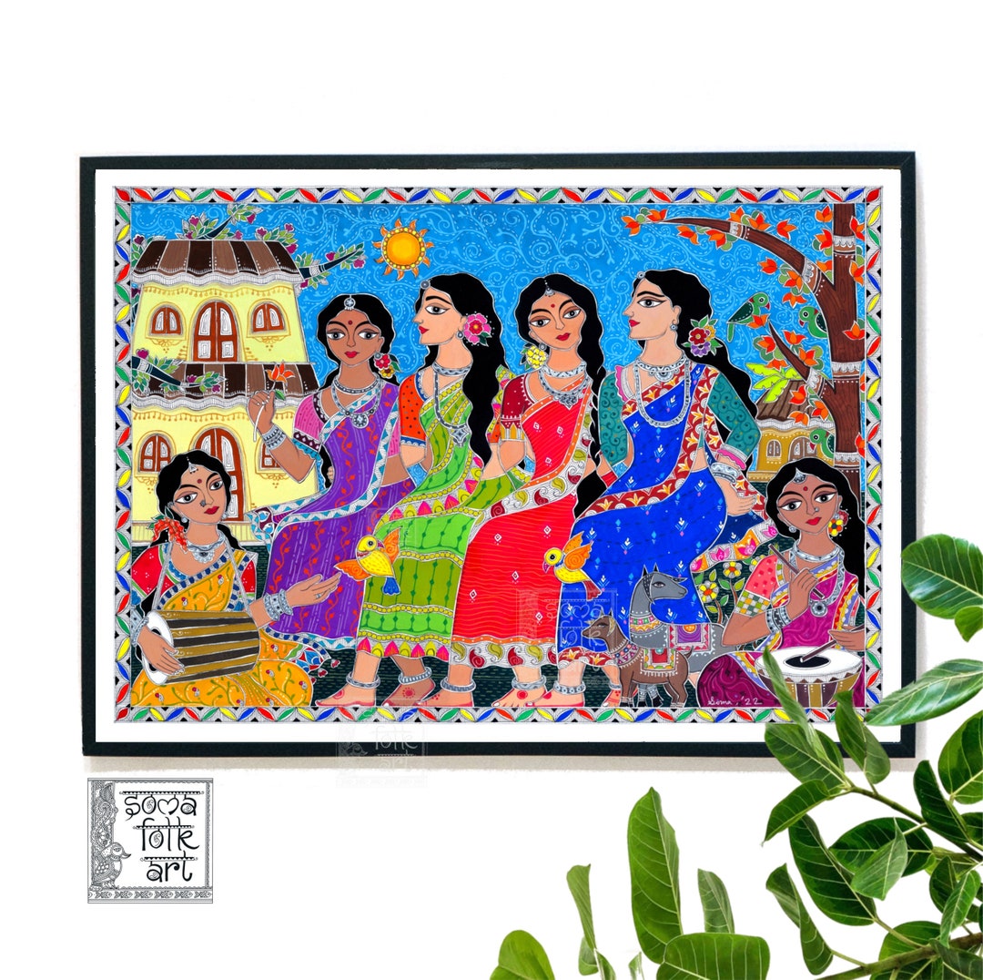 Print Madhubani Dancing in Joy Indian Bengali Santhali Folk Wall Art - Etsy