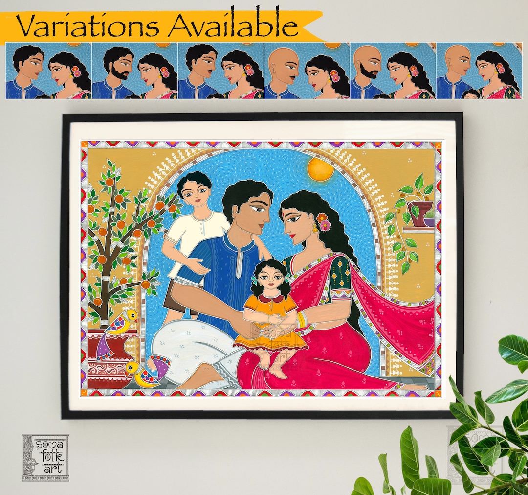 Print Madhubani Family of Four Mother Father Daughter and Son Indian ...