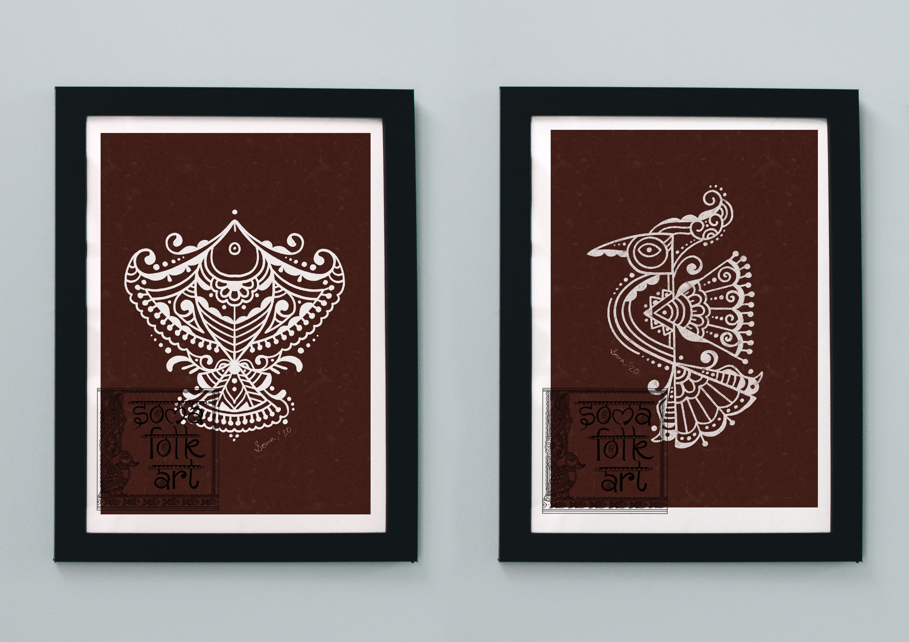 Print Alpana Bird and Fish Indian Folk Art Wall Art A5 set of | Etsy