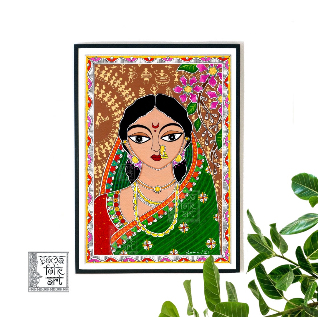 Print Madhubani Painting, Marathi Woman, Maharashtra Traditional Style, Warli Painting, Indian ...